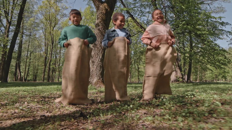 Kids, Jumping, Sack Race, Woodland Trees by AnnaStills – Stock Footage ...