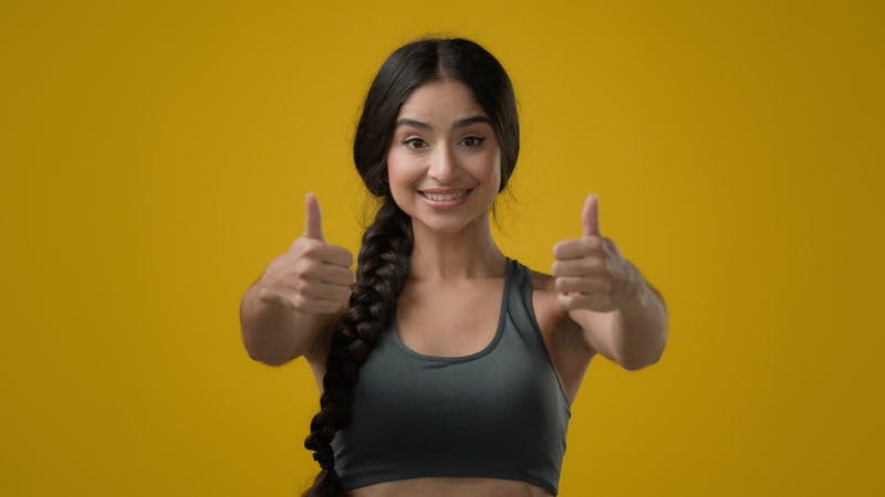 Smiling, Dancing, Thumbs Up, Yellow Background by MayaLab – Stock ...