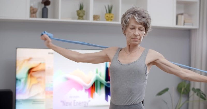 Exercise, Streching, Gray Hair, Living Room by Anton Katliar – Stock ...