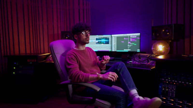 Recording Studio, Computer Screen, Mixing Console, Looking At Camera by ...